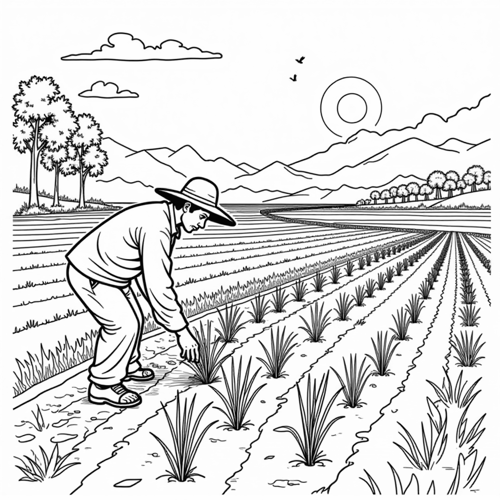 The Farmer Plants Rice In The Fields. Coloring Page