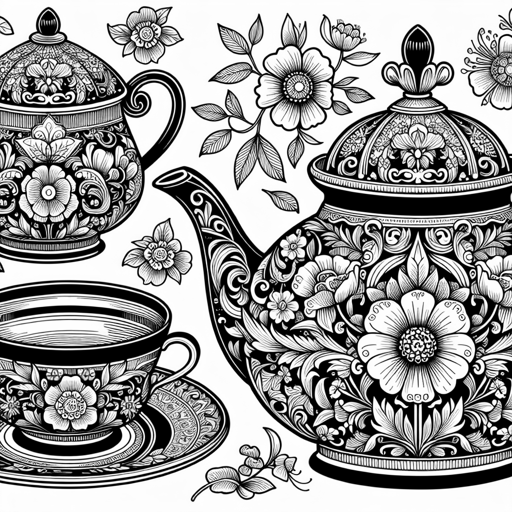 Elegant Floral Tea Set Coloring Page Thick Black... Coloring Page