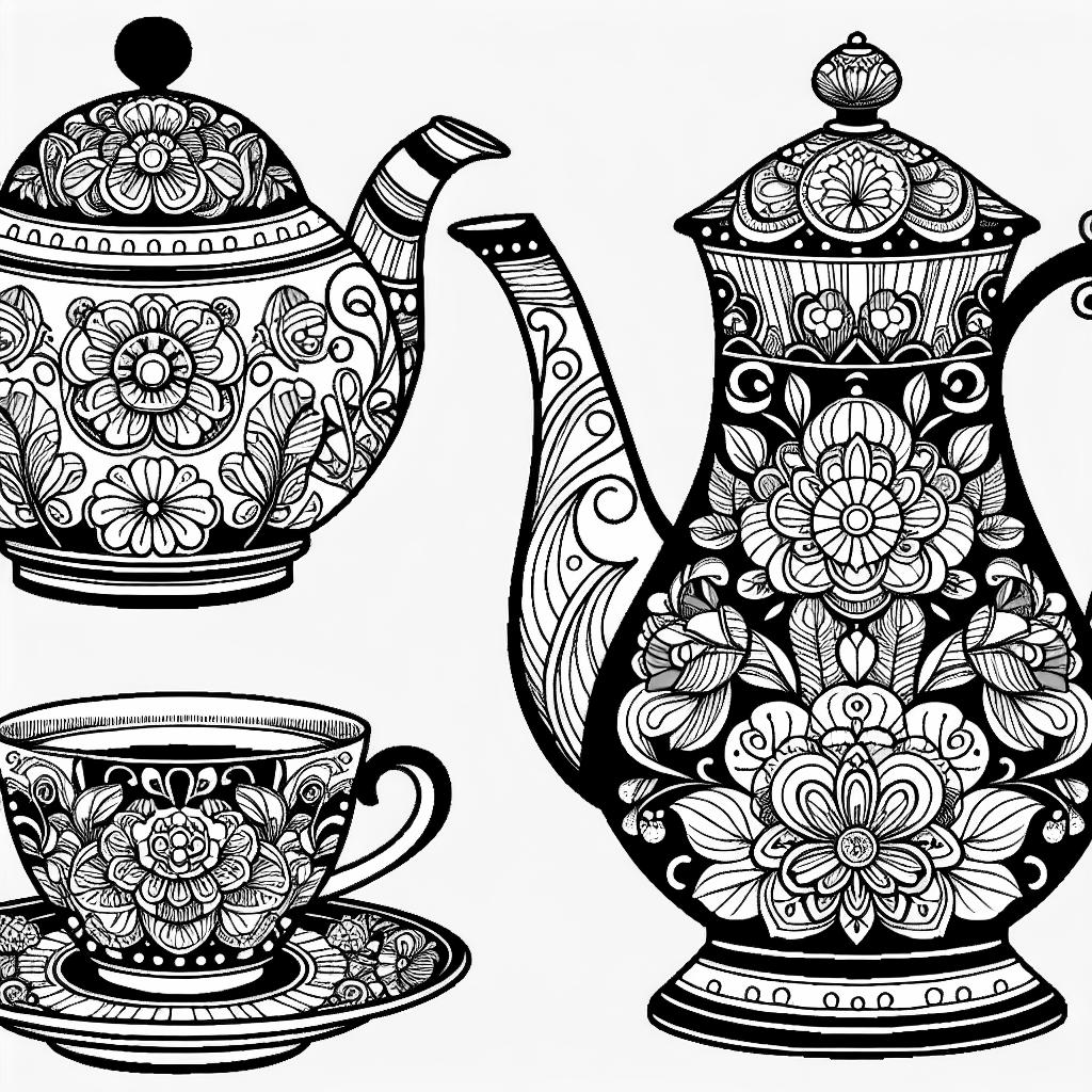 Elegant Floral Tea Set Coloring Page Thick Black... Coloring Page