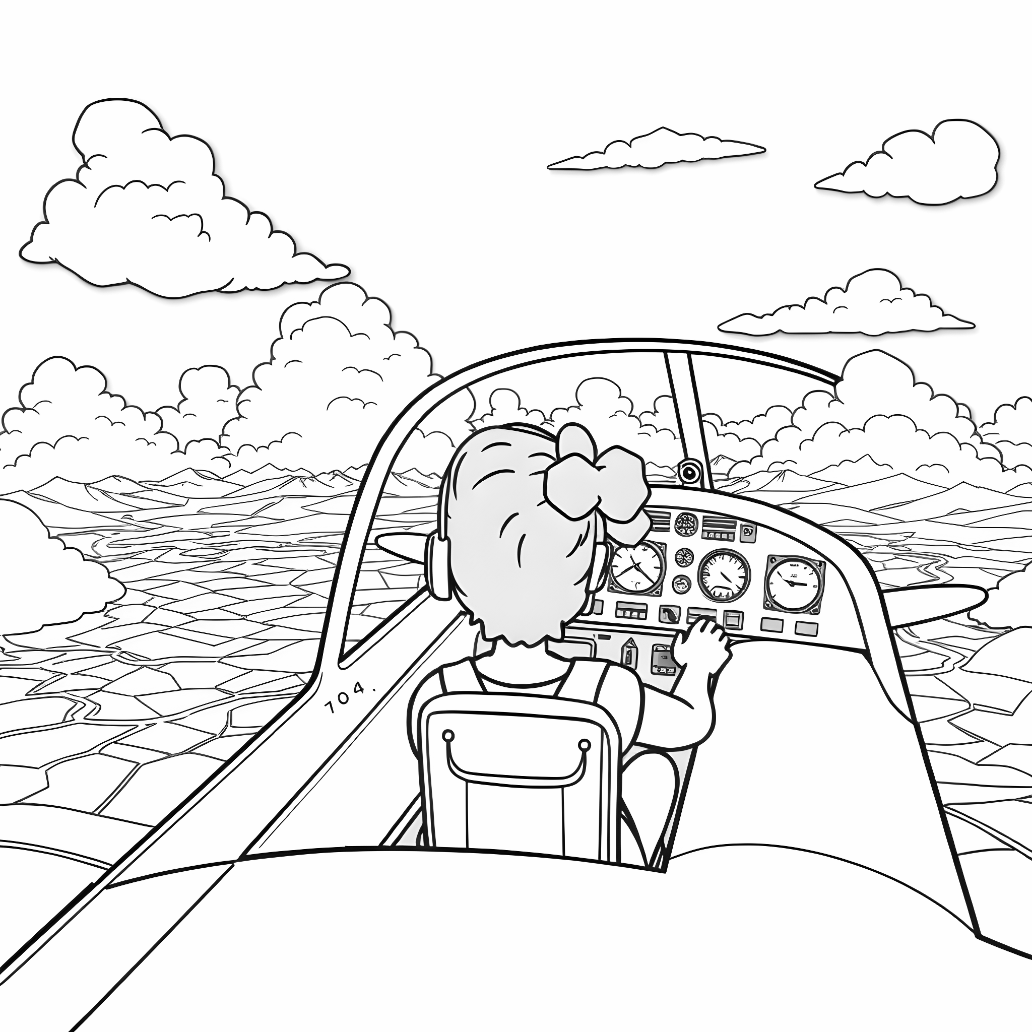 An African American Little Girl Flying A Plane Coloring Page