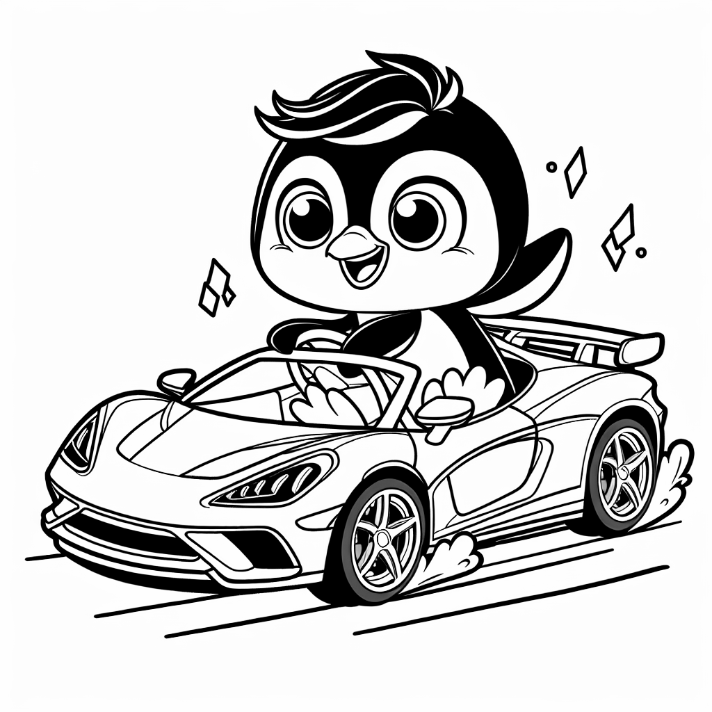Penguin Driving A Cool Sports Car Coloring Page