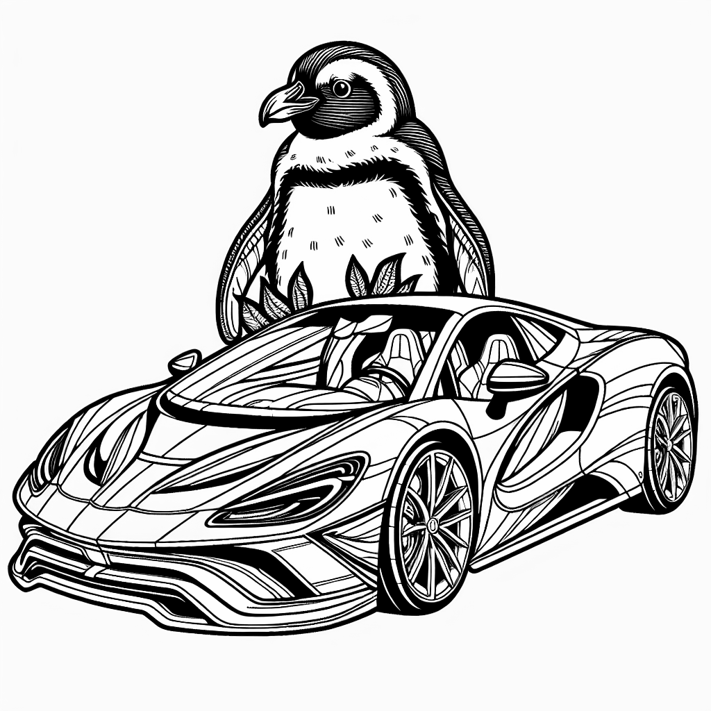 Penguin Driving A Cool Sports Car With No Hair Coloring Page