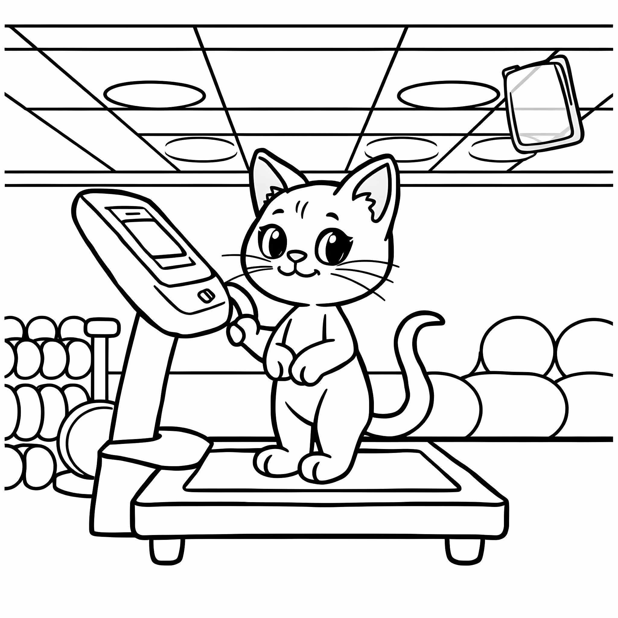 Kitty At Gym On Treadmill Coloring Page