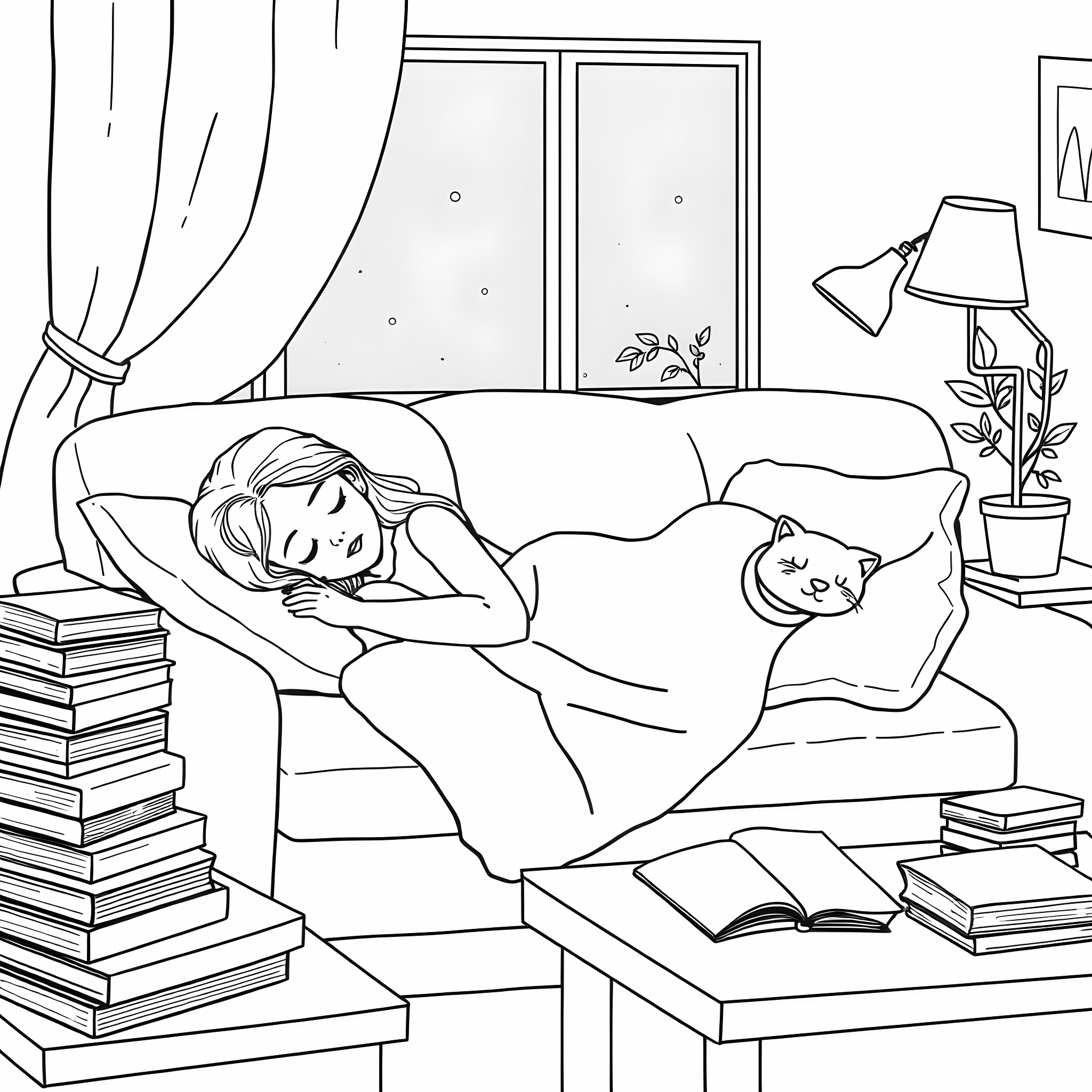 Kawaii Style Easy Bold 1 Woman Sleeping In Bed... Coloring Page
