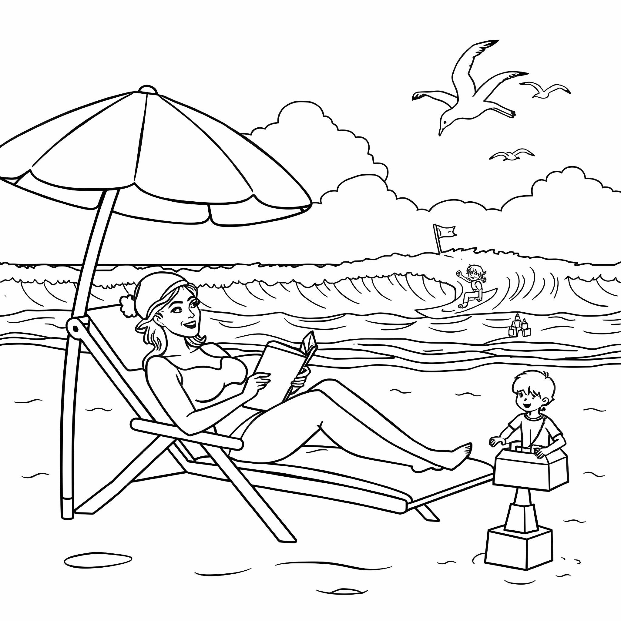 Kawaii Style Easy Bold A Woman Is Lying On A Deck... Coloring Page