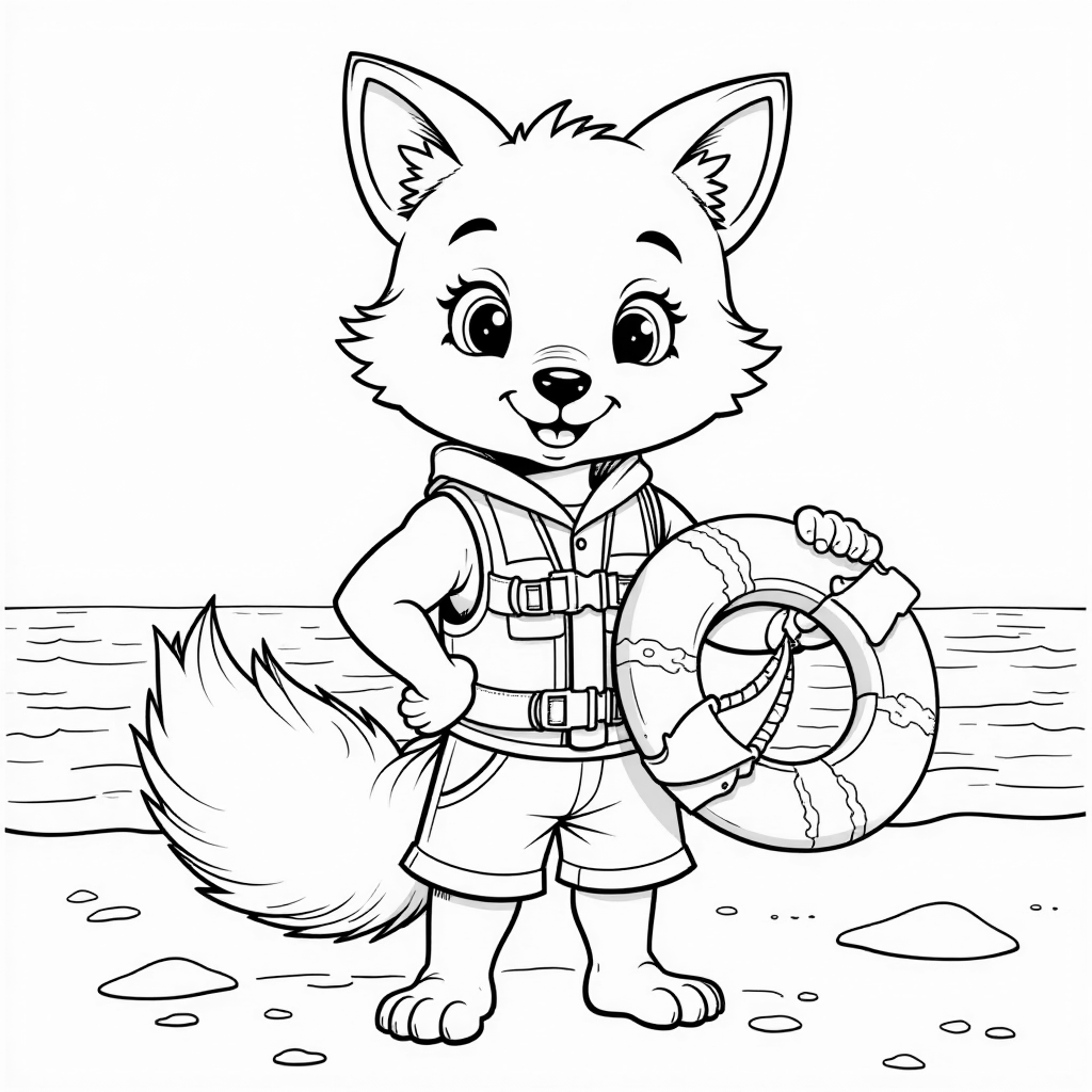 Boy Lifeguard Fox On The Beach With Buoy Coloring Page