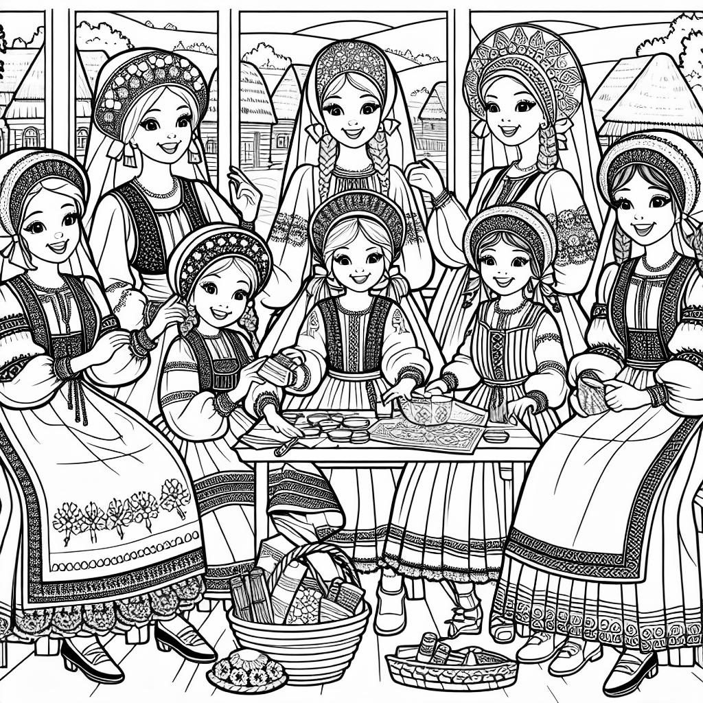 Medieval Happy Romanian Girls Coloring Page