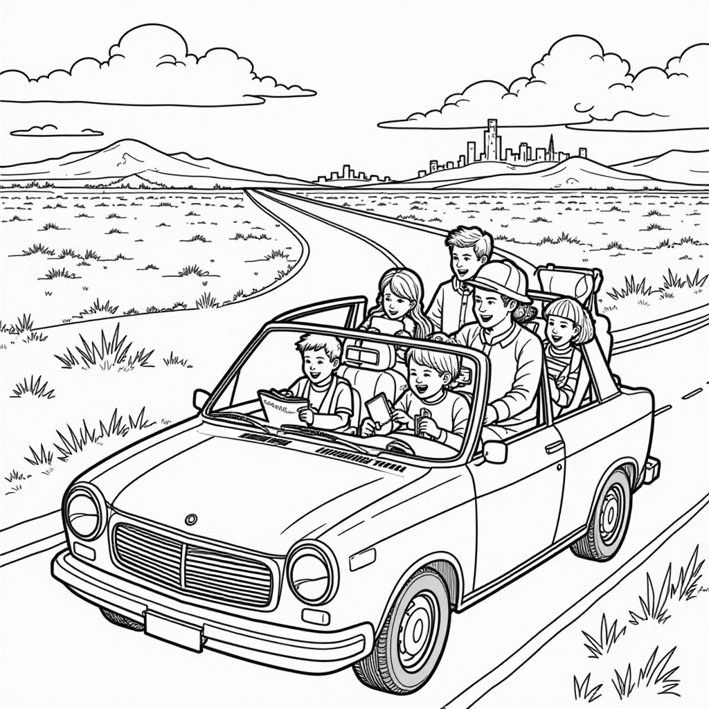Family Driving In A Car Coloring Page