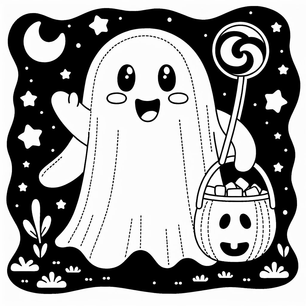 A Friendly Ghost Waving Hello While Holding A... Coloring Page