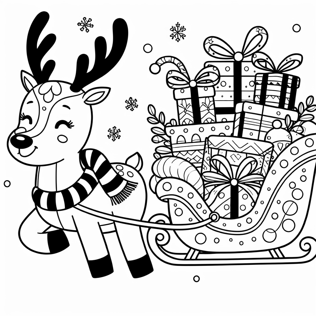 A Reindeer Pulling Santas Sleigh Full Of Presents... Coloring Page