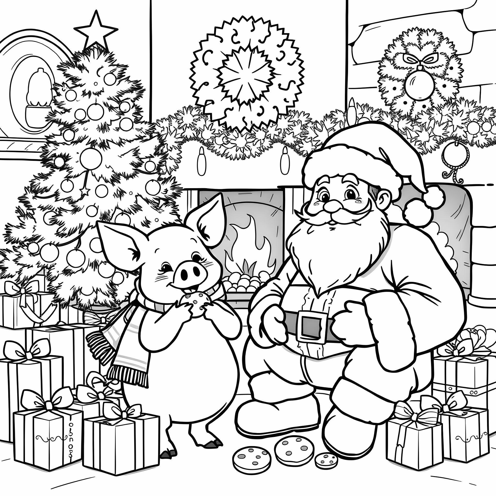 Girly Pig In Christmas Ambiance Eating Cookies... Coloring Page