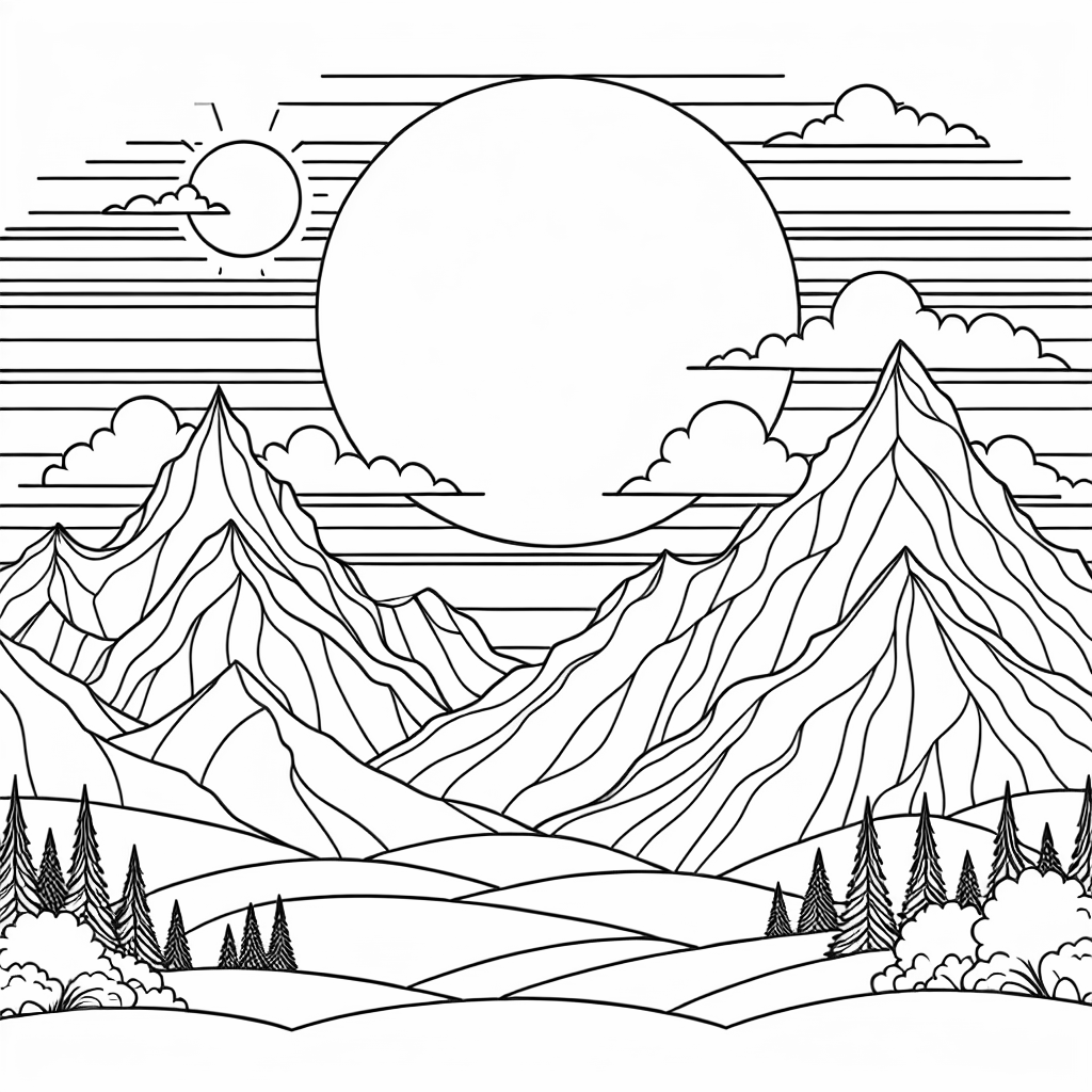 Sunset With Mountains Coloring Page