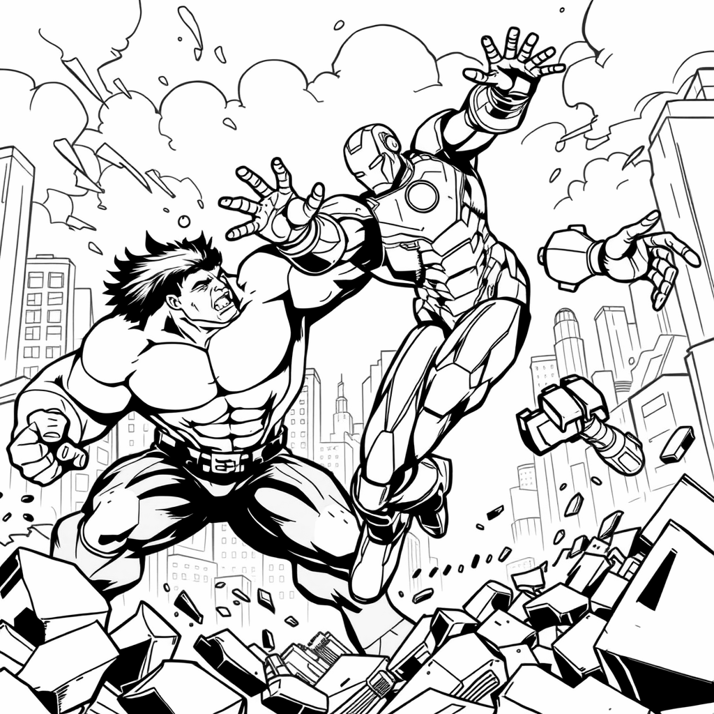 Iron Man And Hulk Fighting Coloring Page