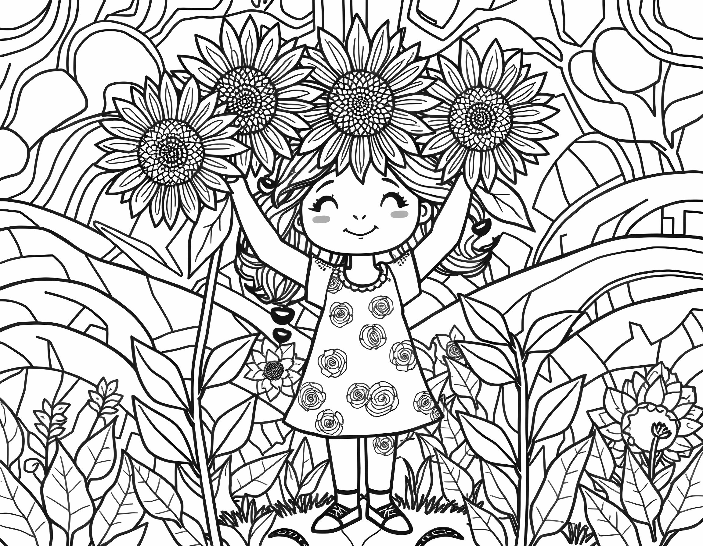 3 Sunflowers Held By A Charming Girl Coloring Page