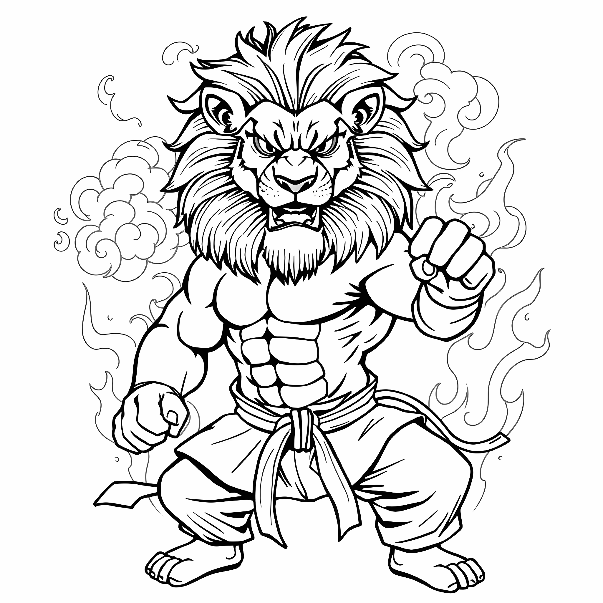 A Lion Head On A Human Body Doing Karate Coloring Page