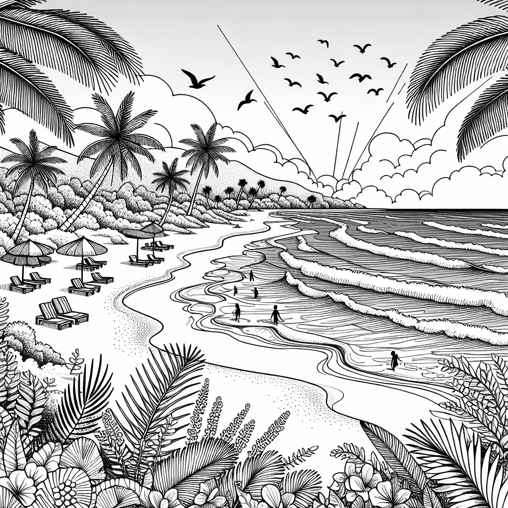 Beach Scene With Birds And Palm Trees Coloring Page