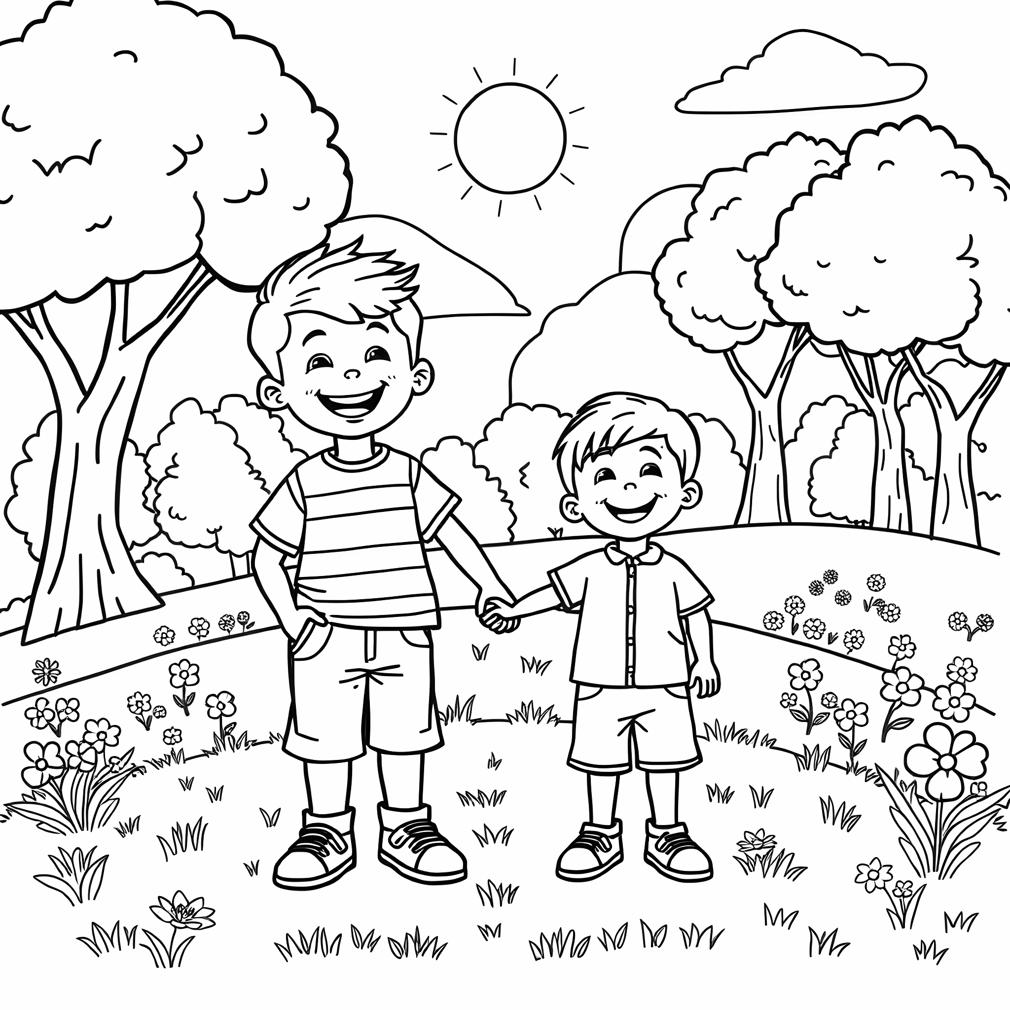 Two Boys One Big One Little Holding Hands Coloring Page