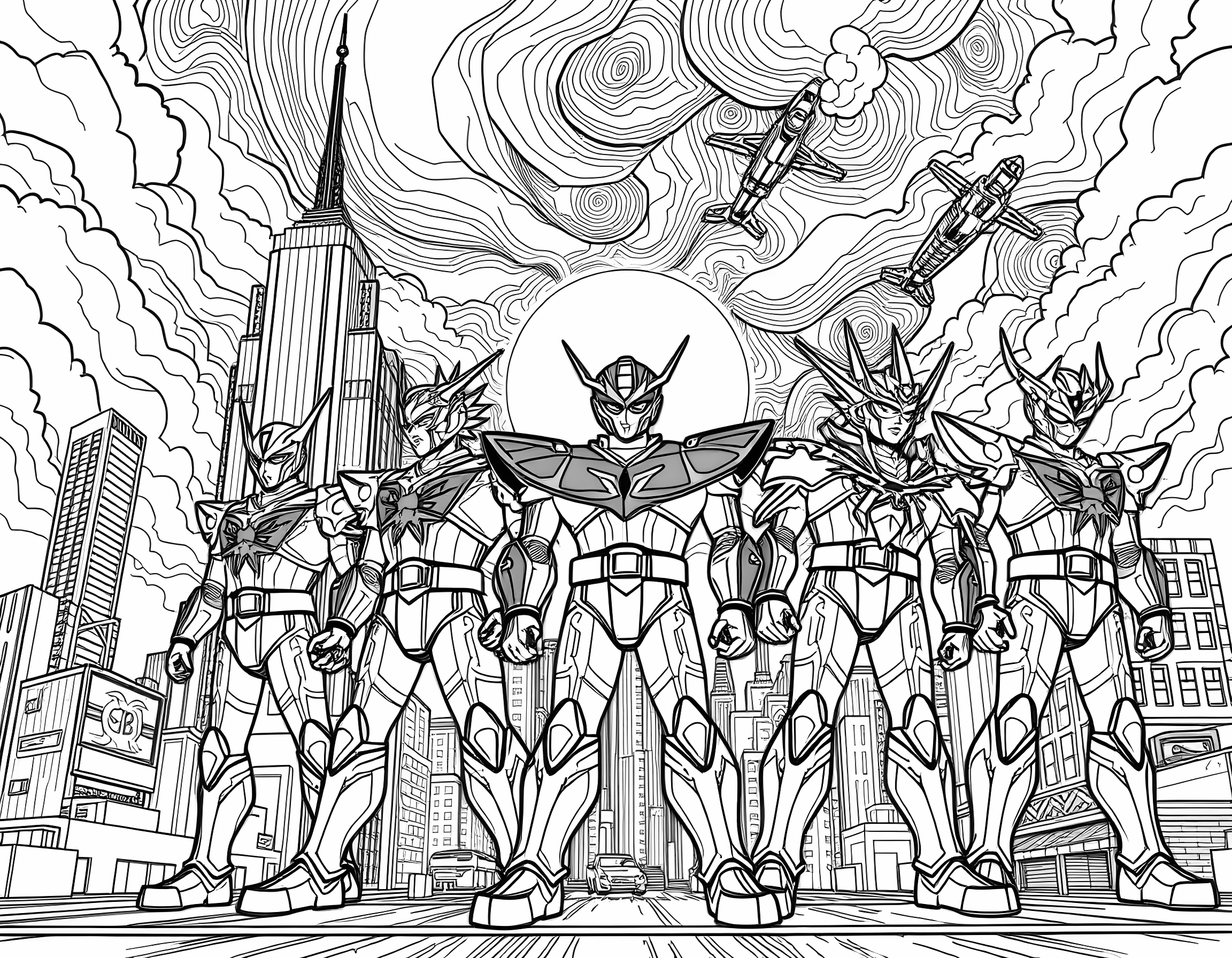 Detailed Japanese Sentai Heroes Coloring Page