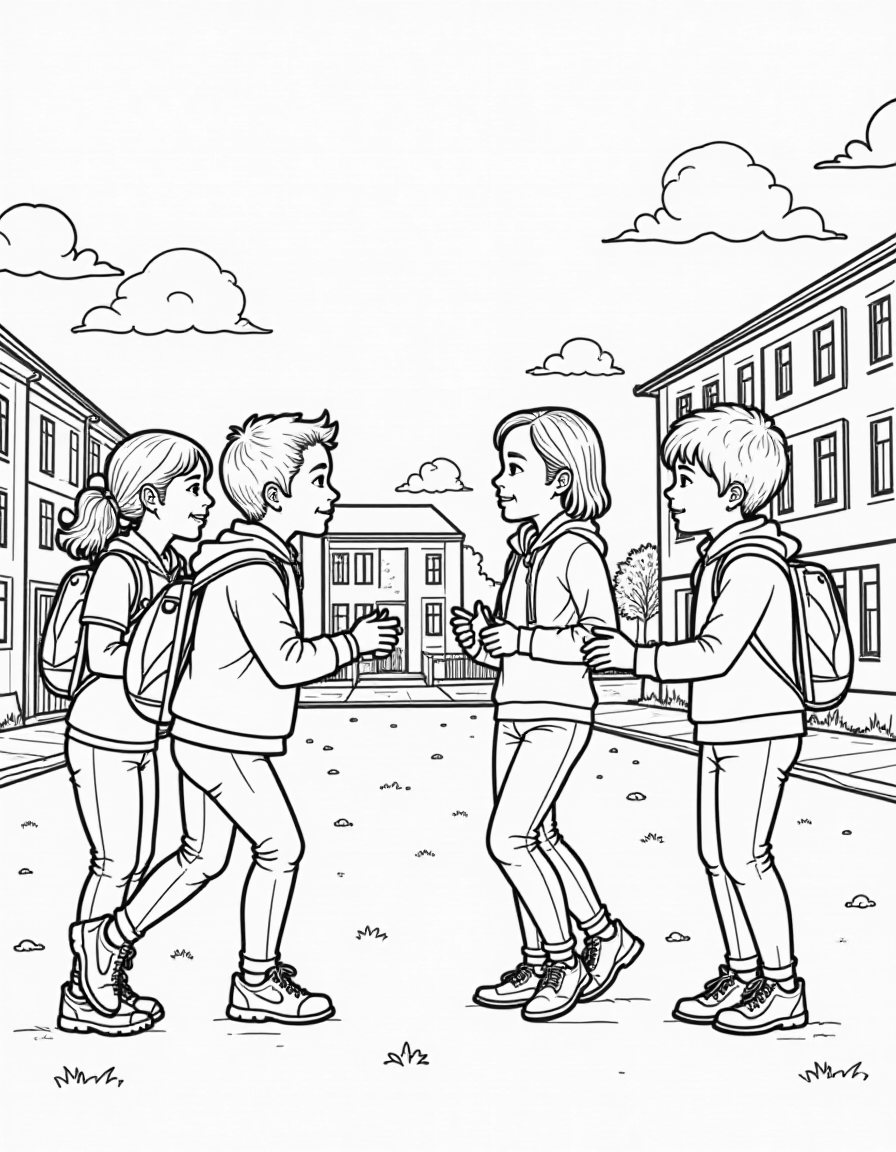Friends Playing Games On School Playground Coloring Page