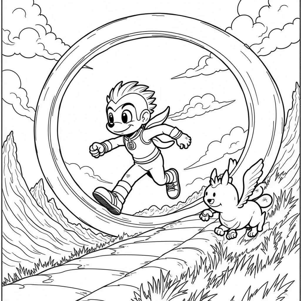 Sonic Running Through Ring With Mew Chasing Coloring Page