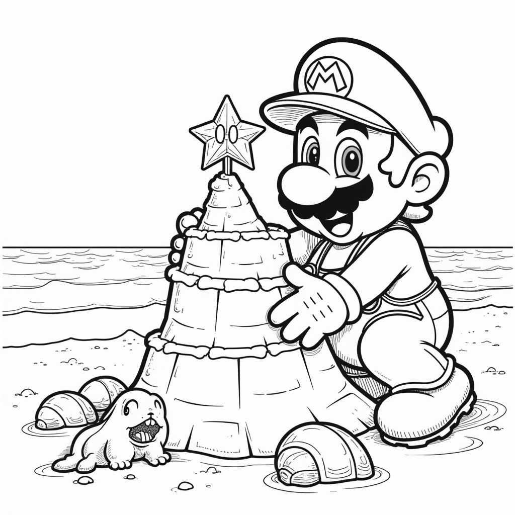 One Mario At The Beach Making A Sandcastle Coloring Page