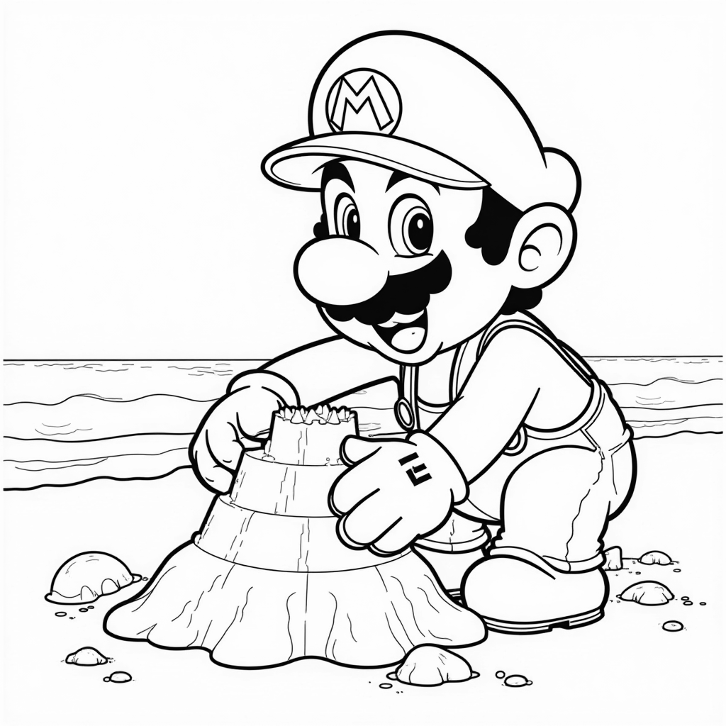One Mario At The Beach Making A Sandcastle Coloring Page