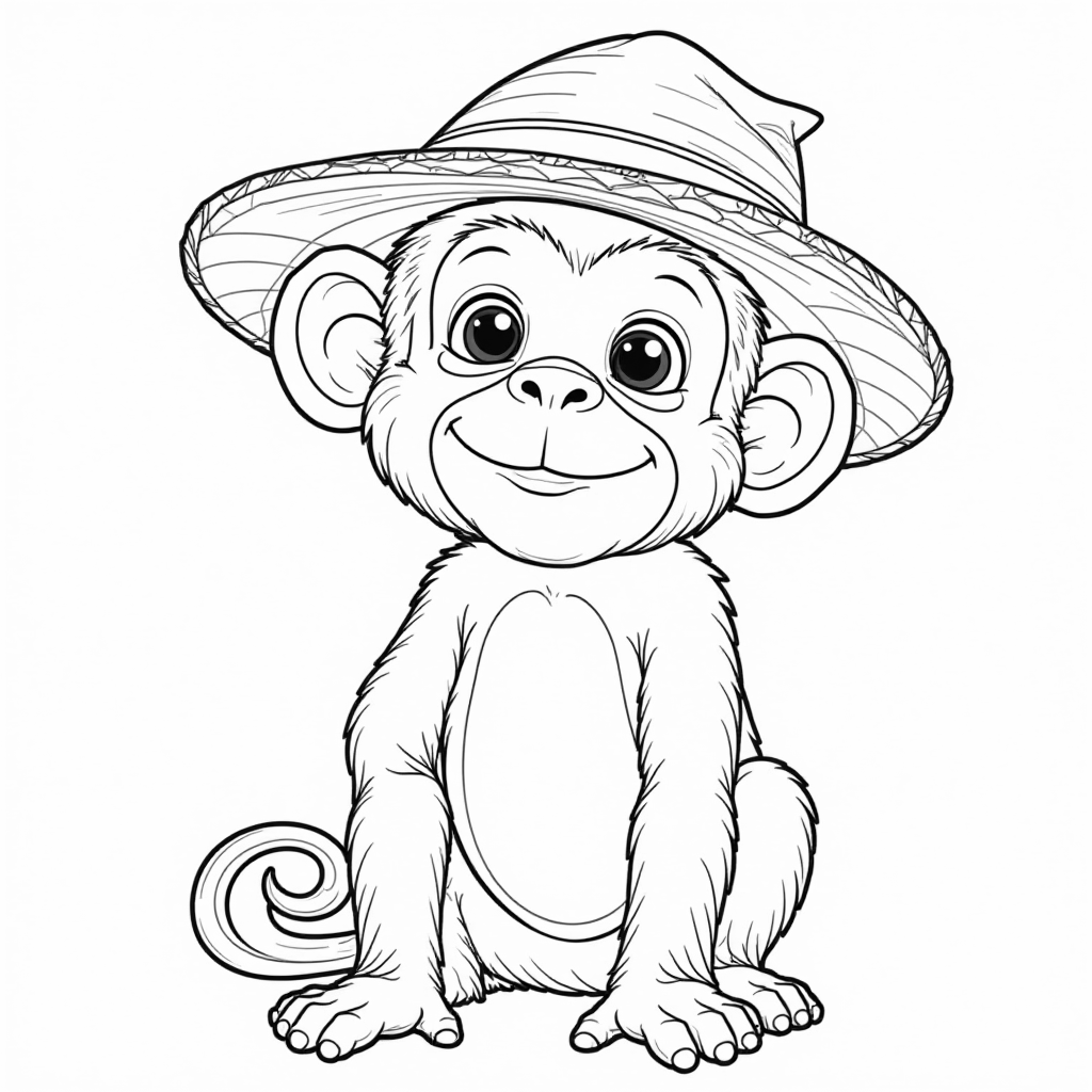 A Monkey Wearing A Straw Hat Coloring Page