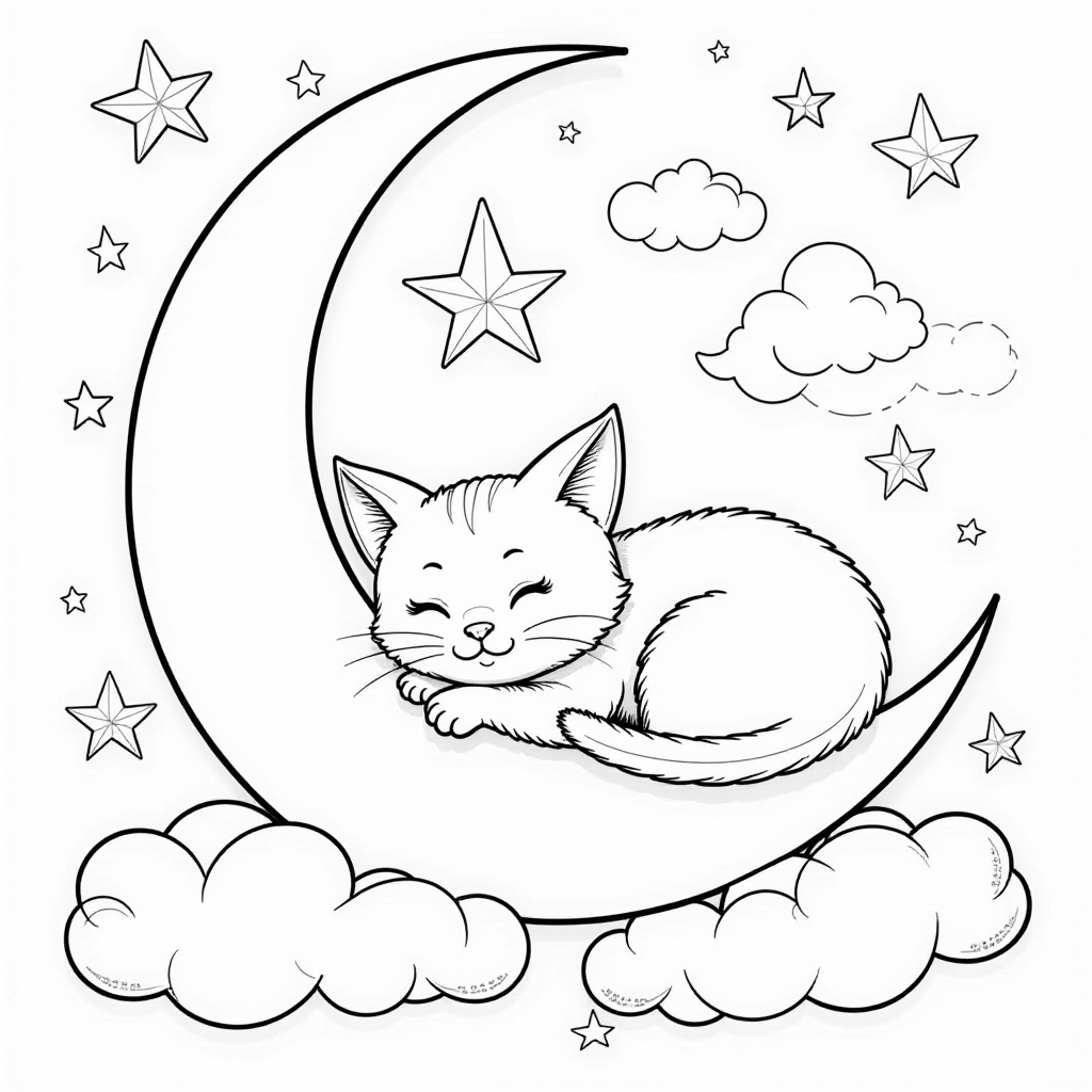 Cat Nap On A Crescent Moon Sleeping Coloring Page