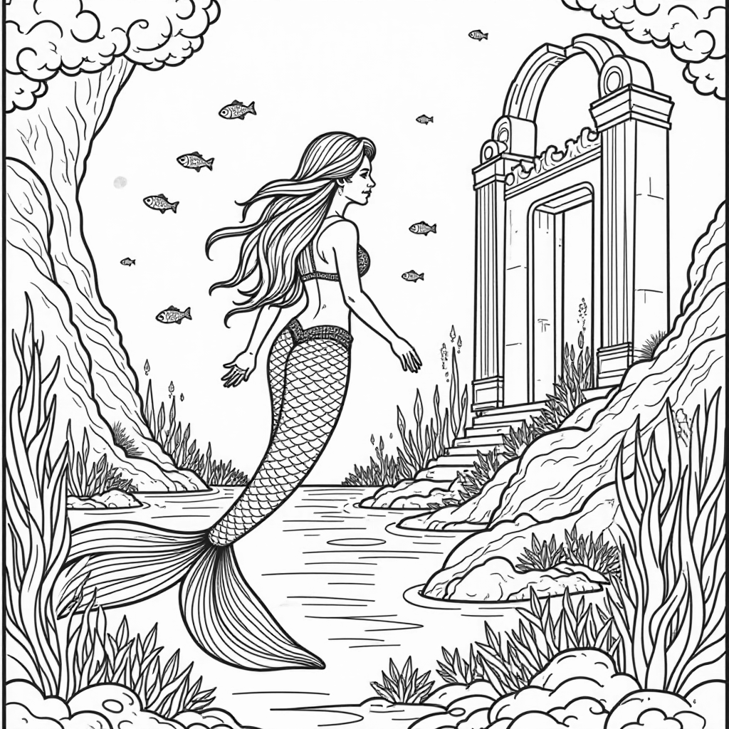 Mermaid Swimming Coloring Page