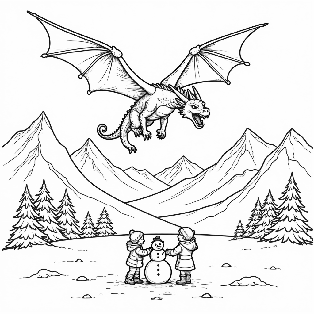 A Friendly Dragon Flying Over A Snowy Mountain... Coloring Page