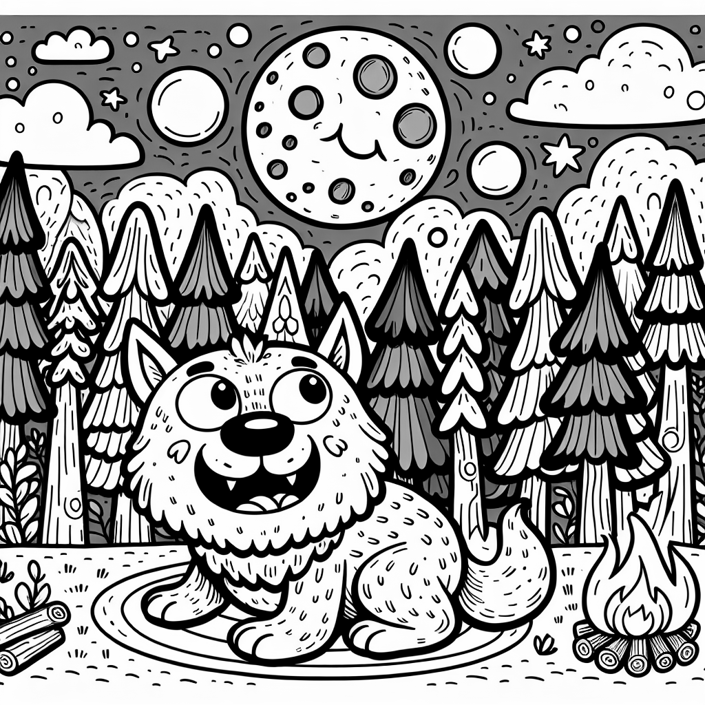 Cartoon Werewolf Forest Full Moon Campfire Coloring Page | Free Printable