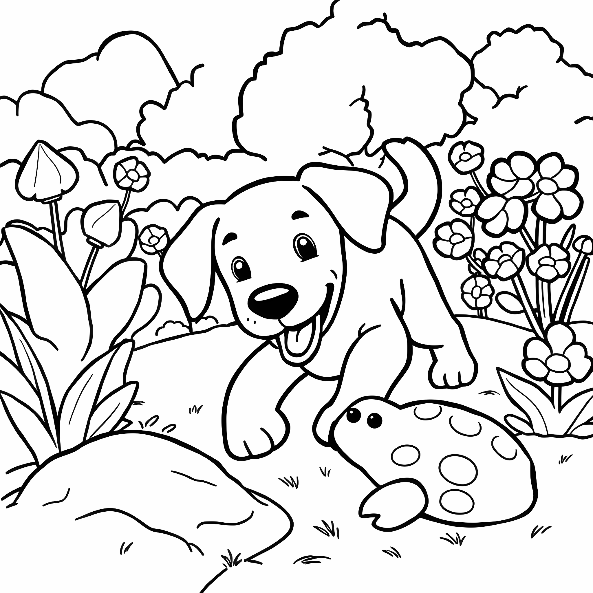 Labrador Chasing A Mole In A Garden Coloring Page