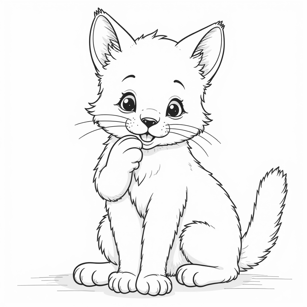 The Cat Licks Its Fur. Coloring Page