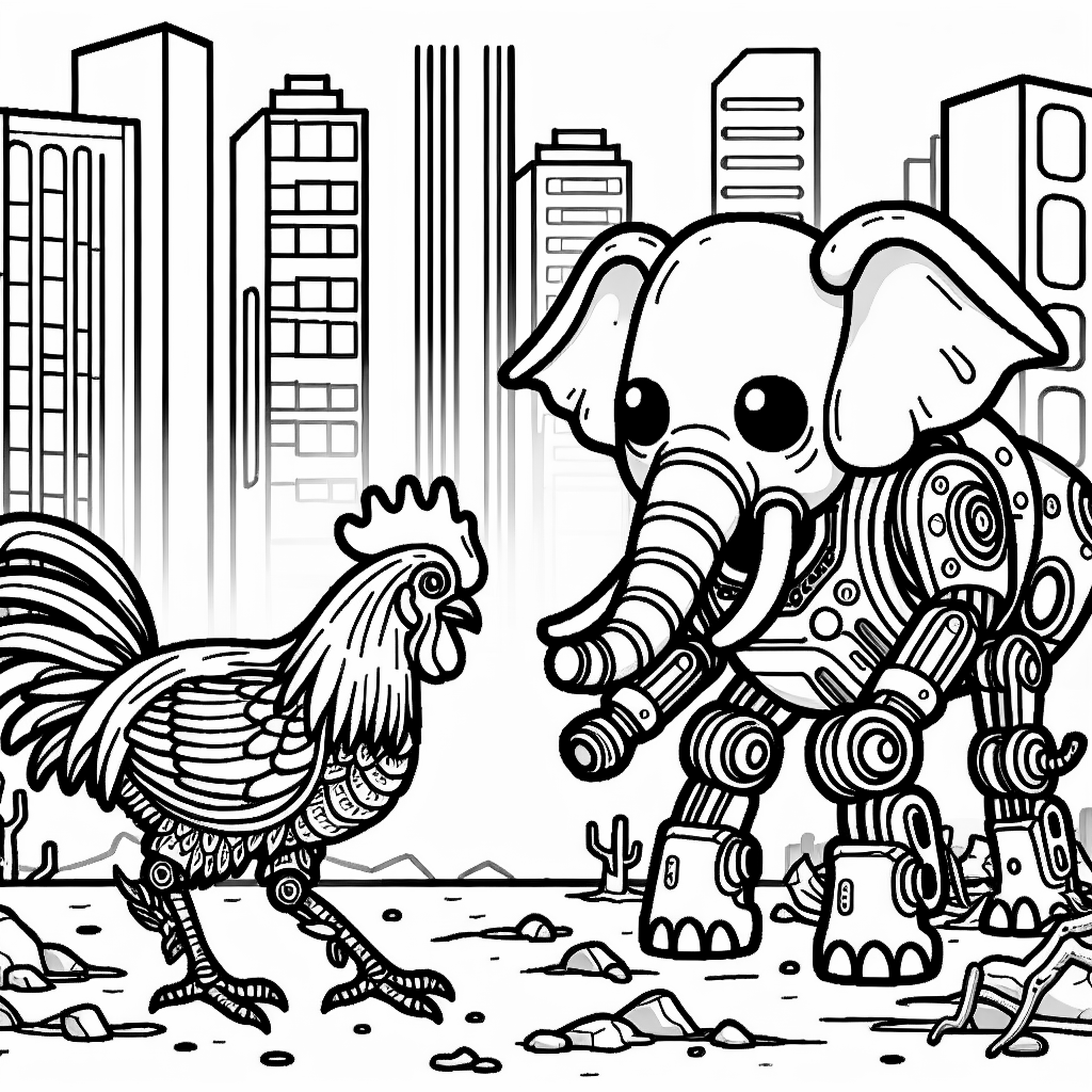 Robot Chicken In A Fight With Elephant Zombie With... Coloring Page