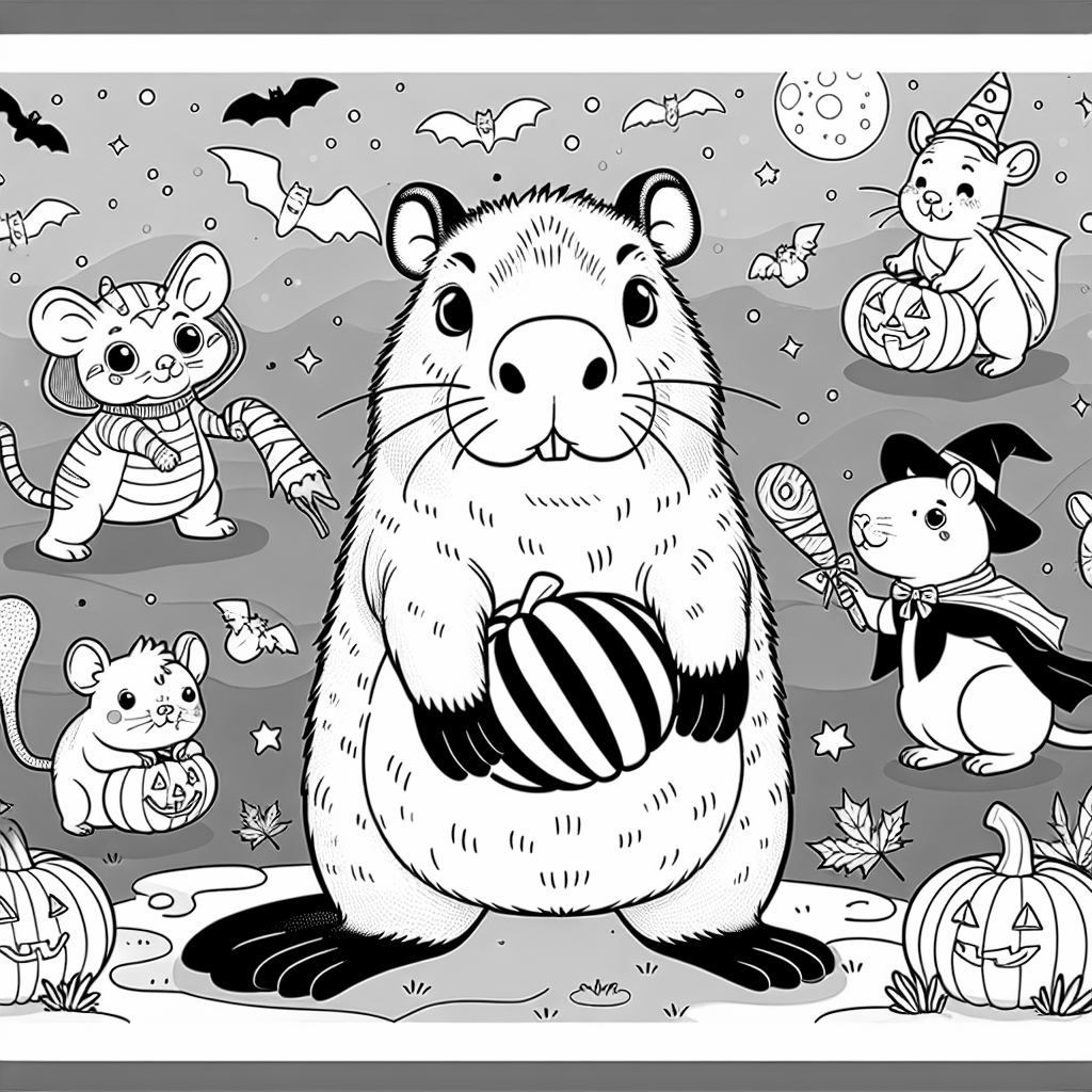 Cartoon Capybara With A Halloween Background With... Coloring Page