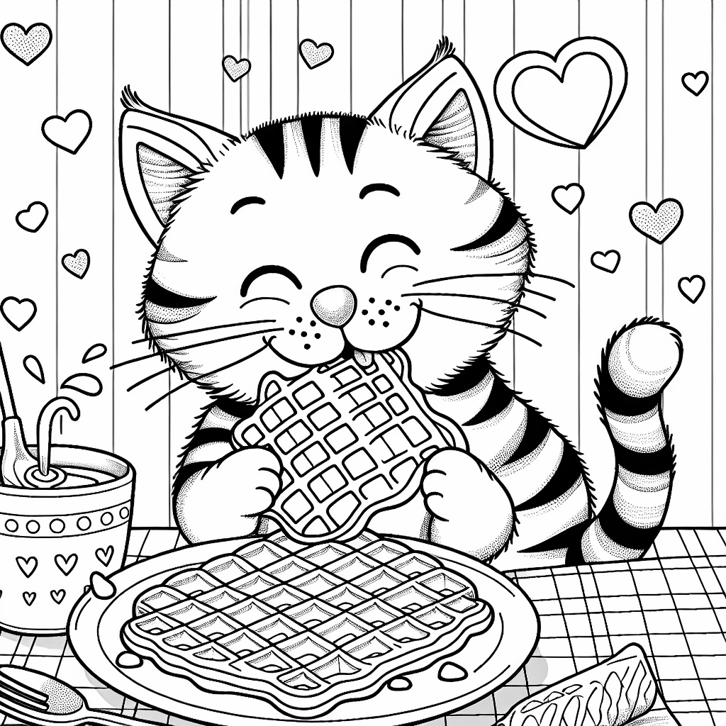Tabby Cat Eating A Waffle Coloring Page