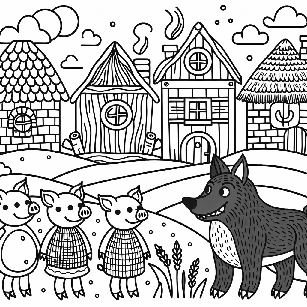 The Three Little Pigs And The Big Bad Wolf Story Coloring Page