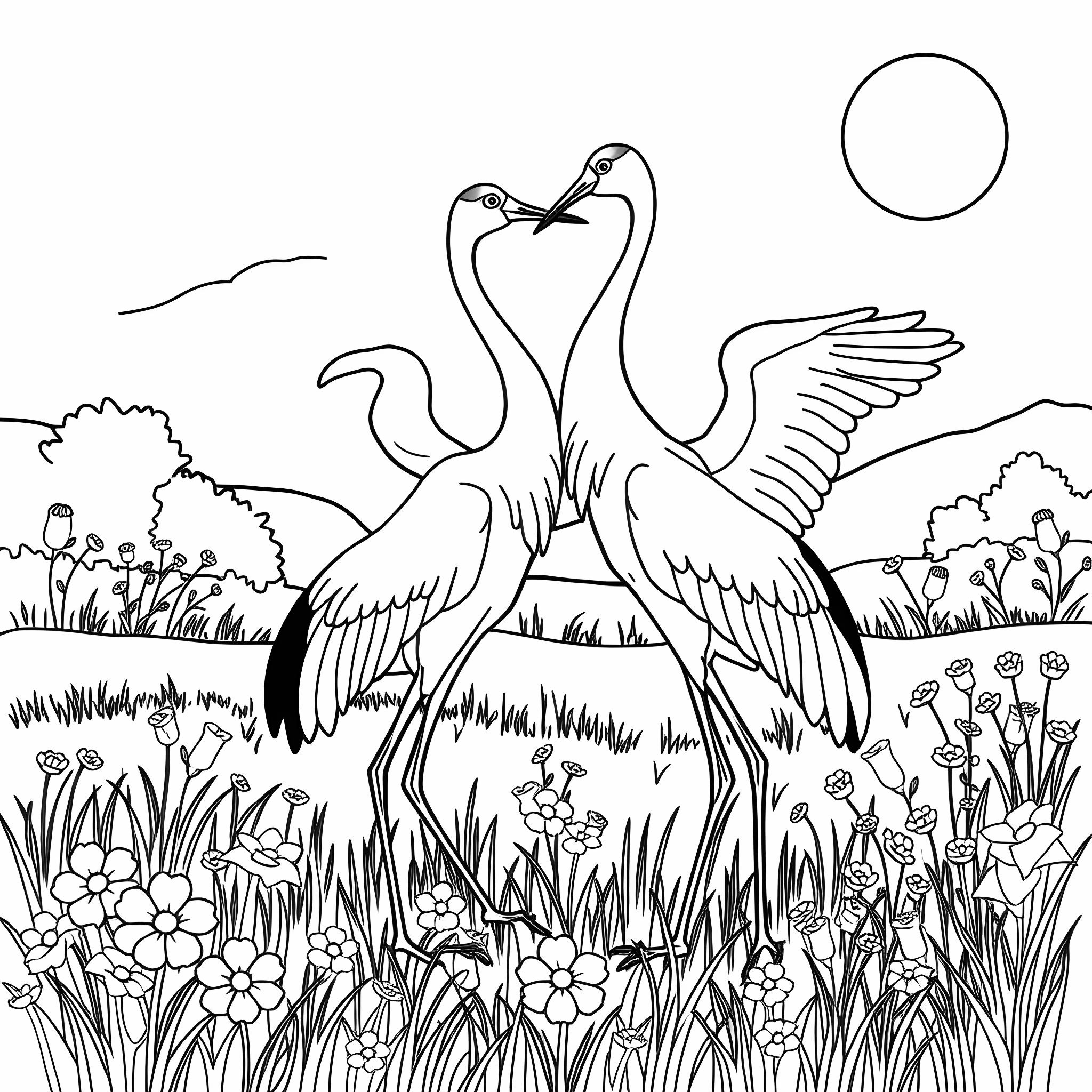 Two Sandhill Cranes Mating Dance Coloring Page