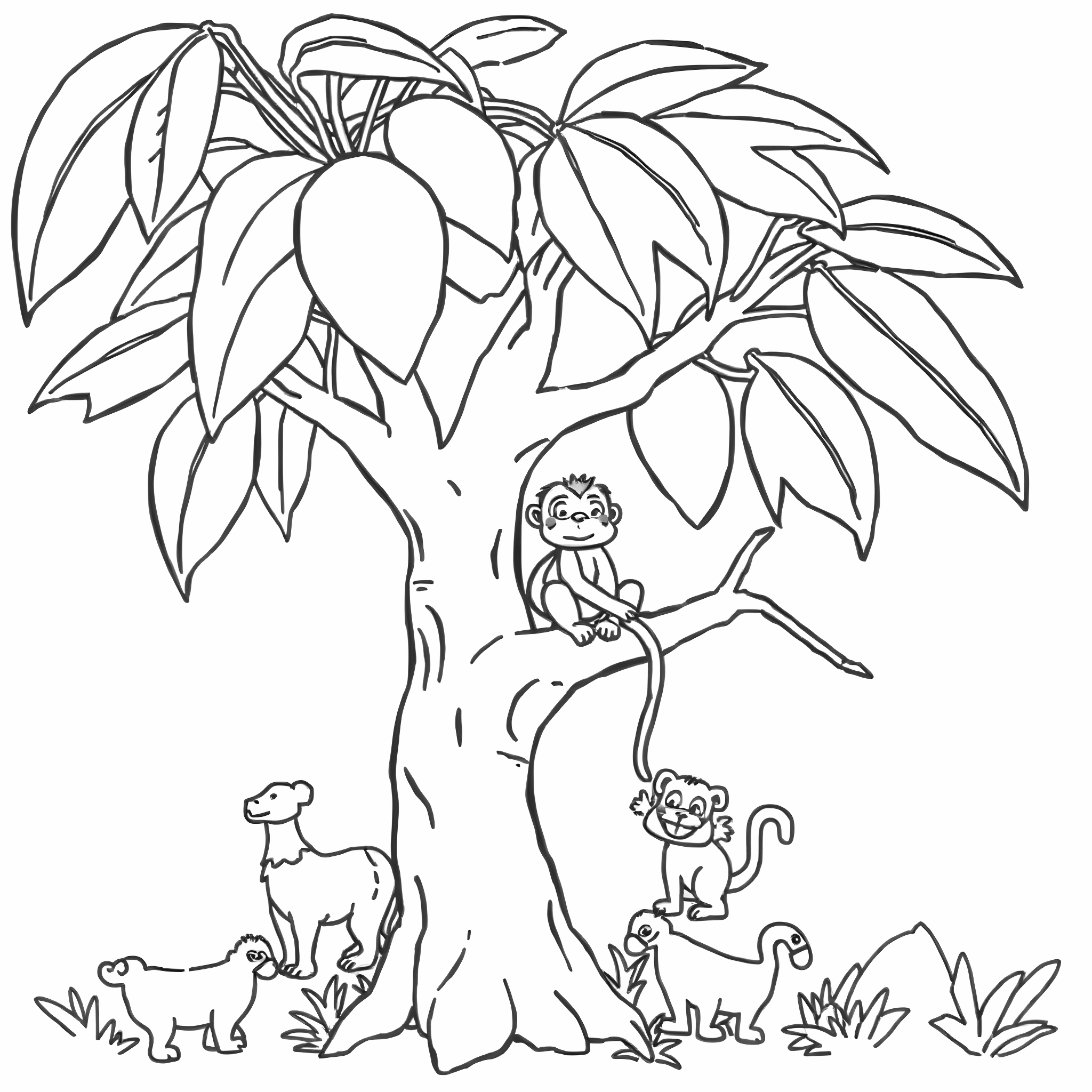Mango Tree With Monkey Coloring Page | Free Printable