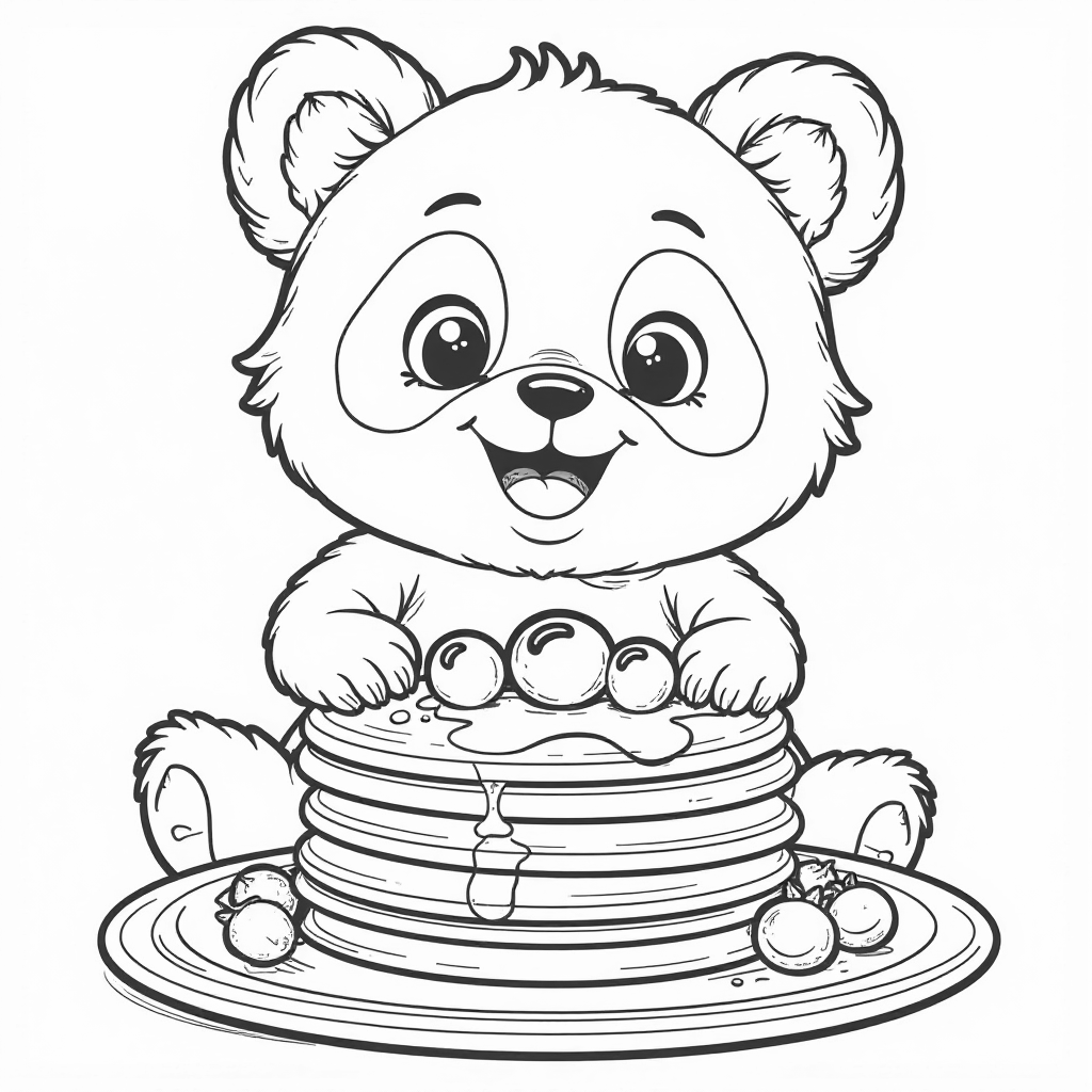 A Happy Panda Stacking Pancakes With Syrup And... Coloring Page