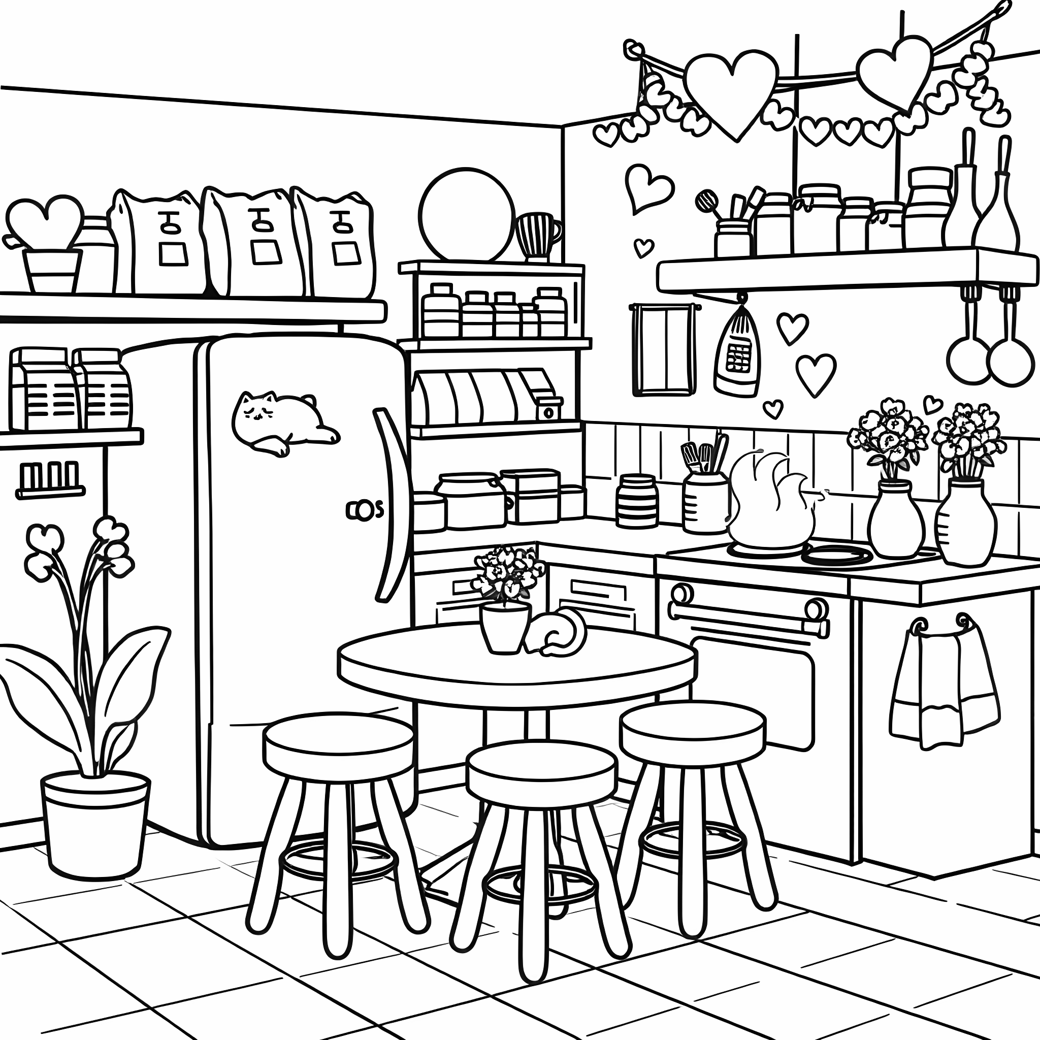 A Whimsical And Cozy Cartoon Kitchen Scene... Coloring Page