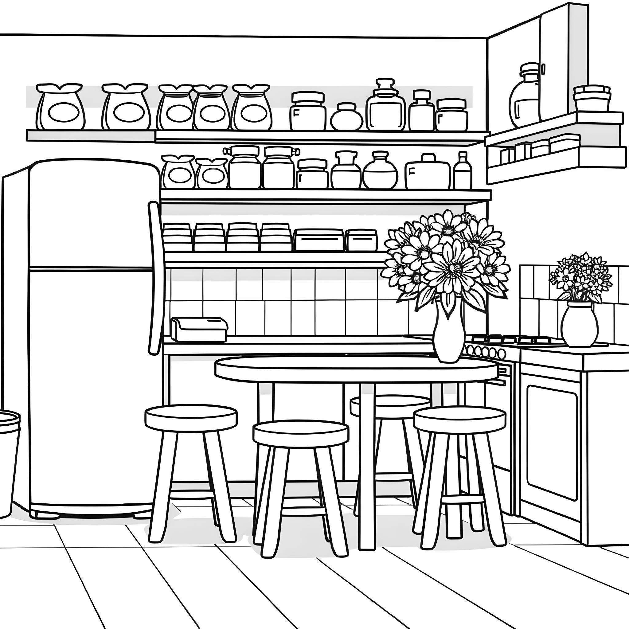 A Whimsical And Cozy Cartoon Kitchen Scene... Coloring Page