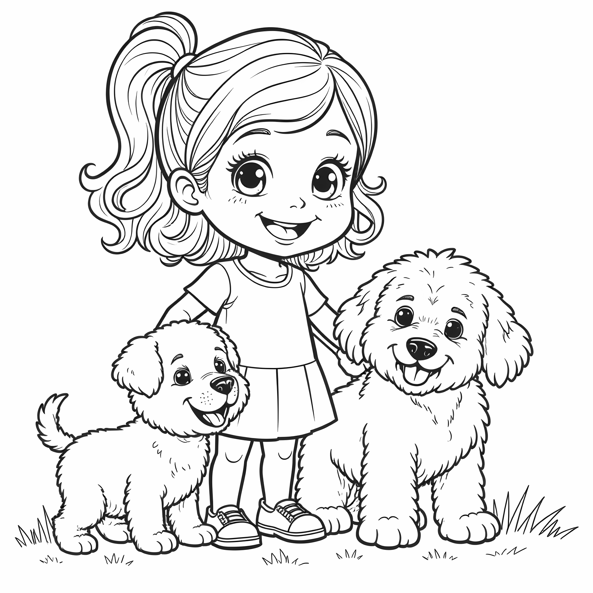 A Little Girl Playing With Her Two Dogs Which Are... Coloring Page