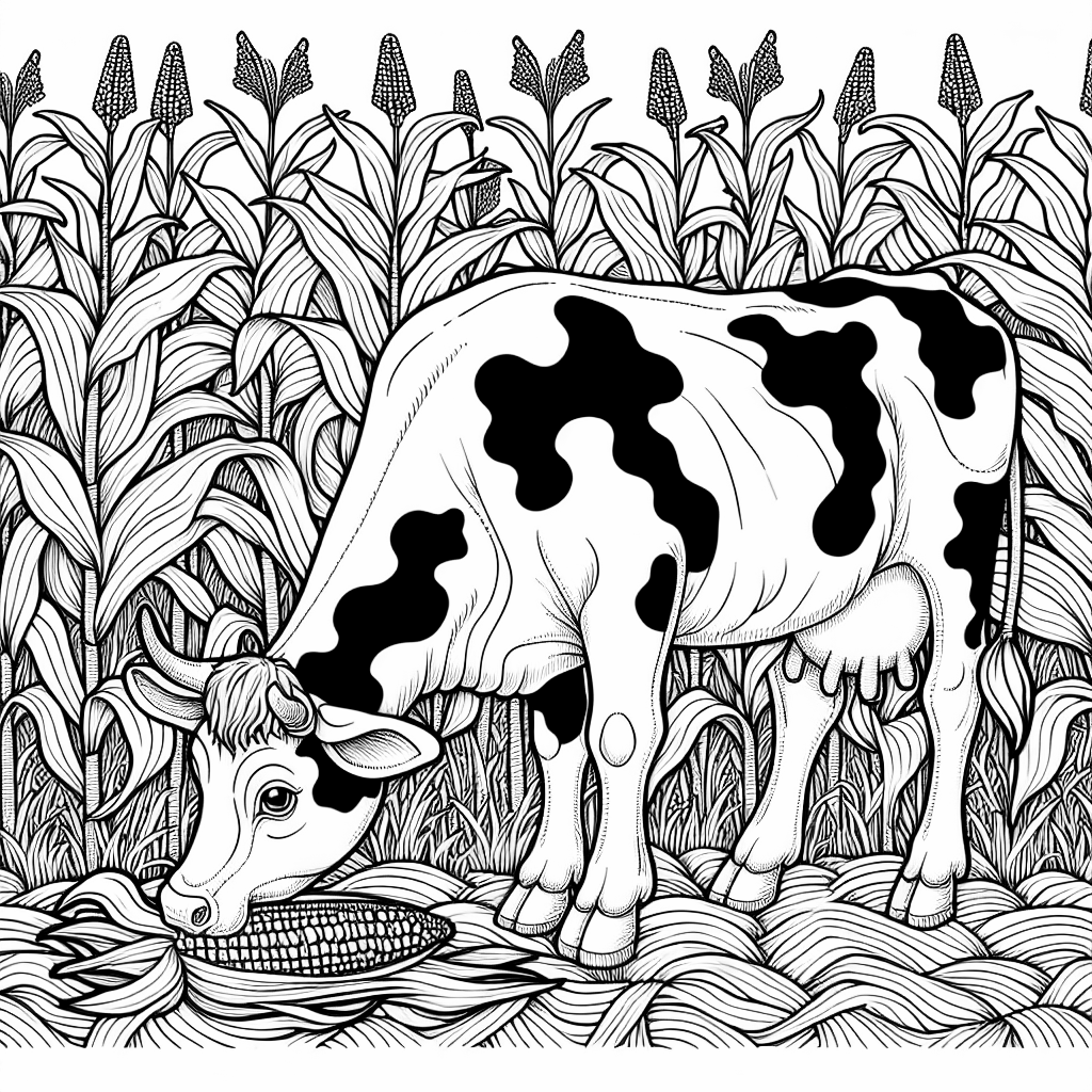 Cow Grazing In A Maize Field Coloring Page