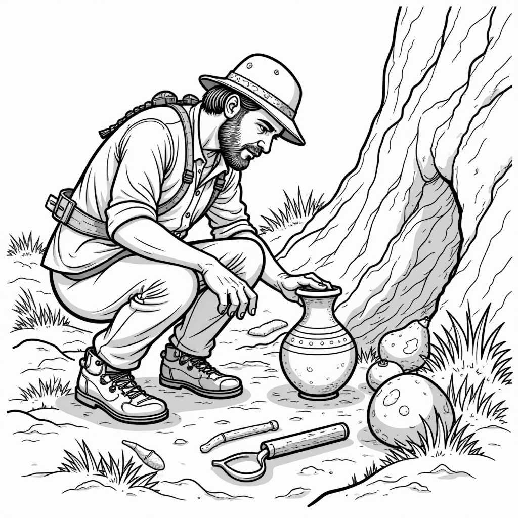 Ancient Civilizations With An Archeologist Digging... Coloring Page