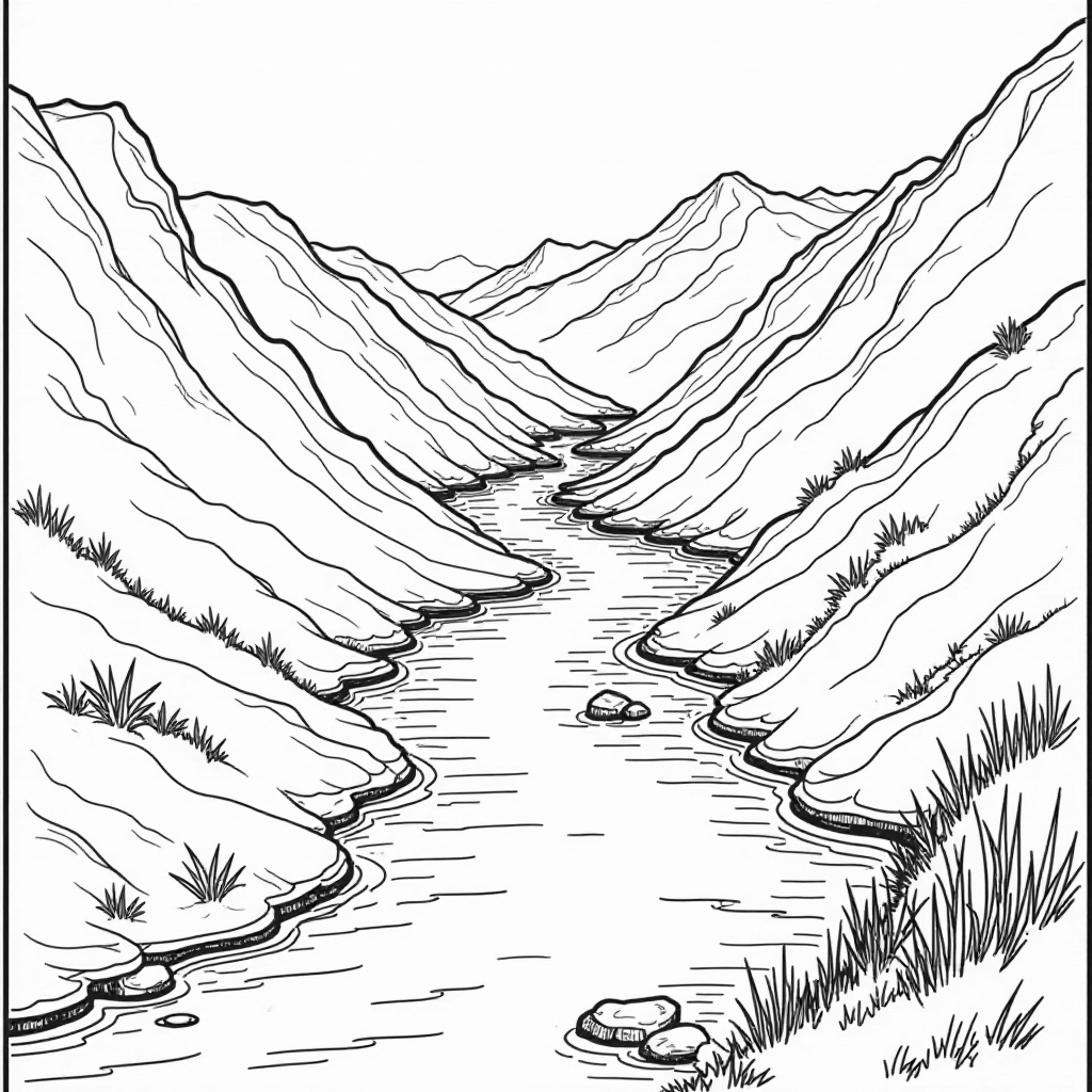 A River Flowing Between The Valleys Coloring Page