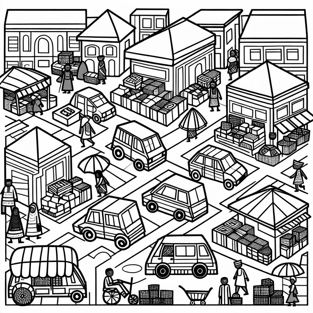 A Nigerian Street Market With Composition Coloring Page