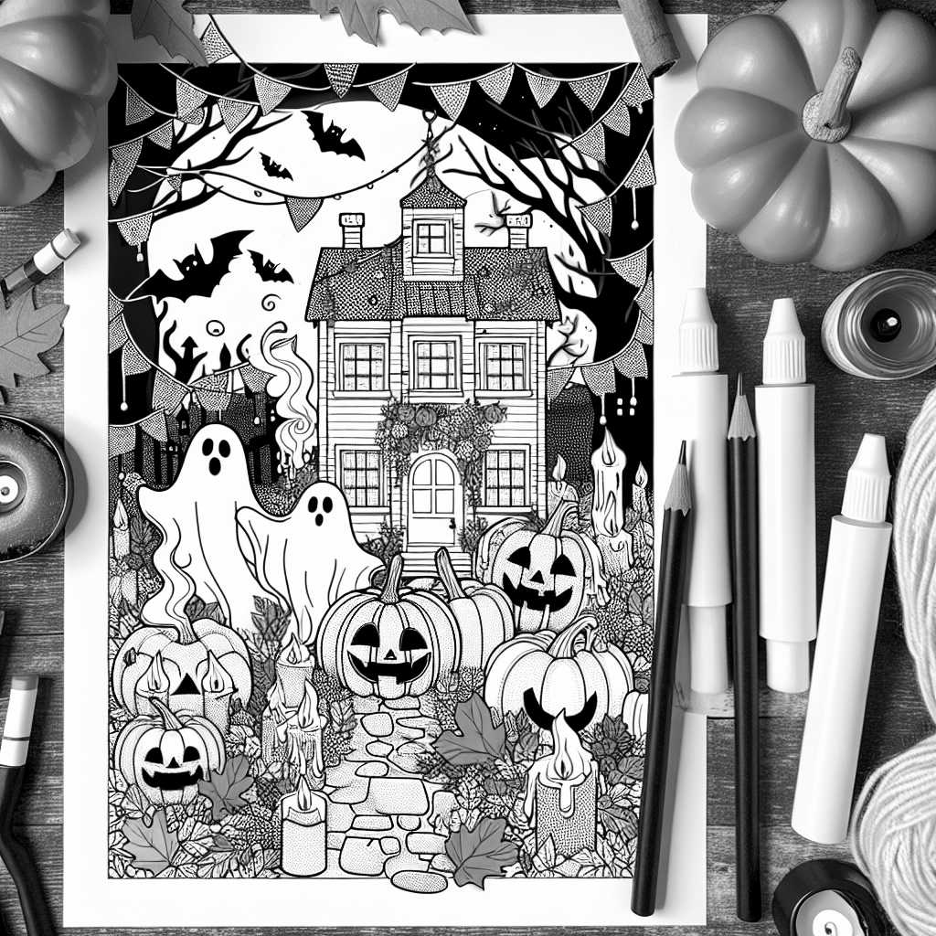 Cozy Spooky October Scene Coloring Page