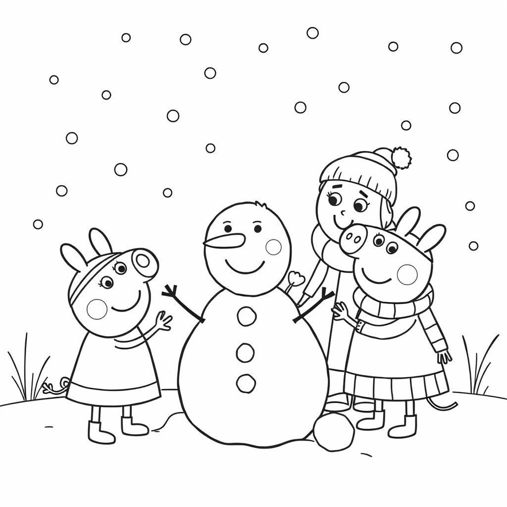 Peppa Wutz And Her Family Are Building A Snowman Coloring Page