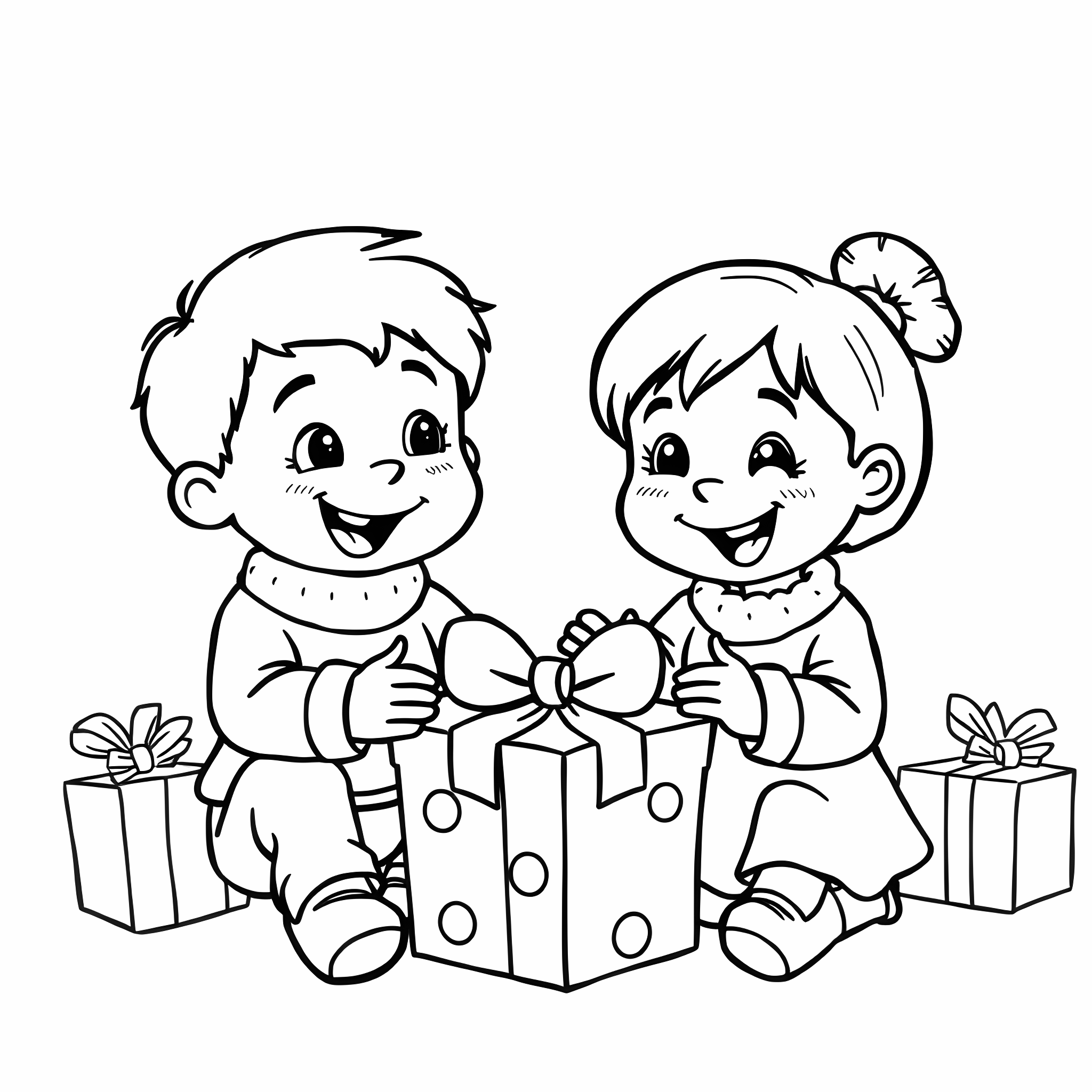 Children Opening Presents With Big Smiles Coloring Page
